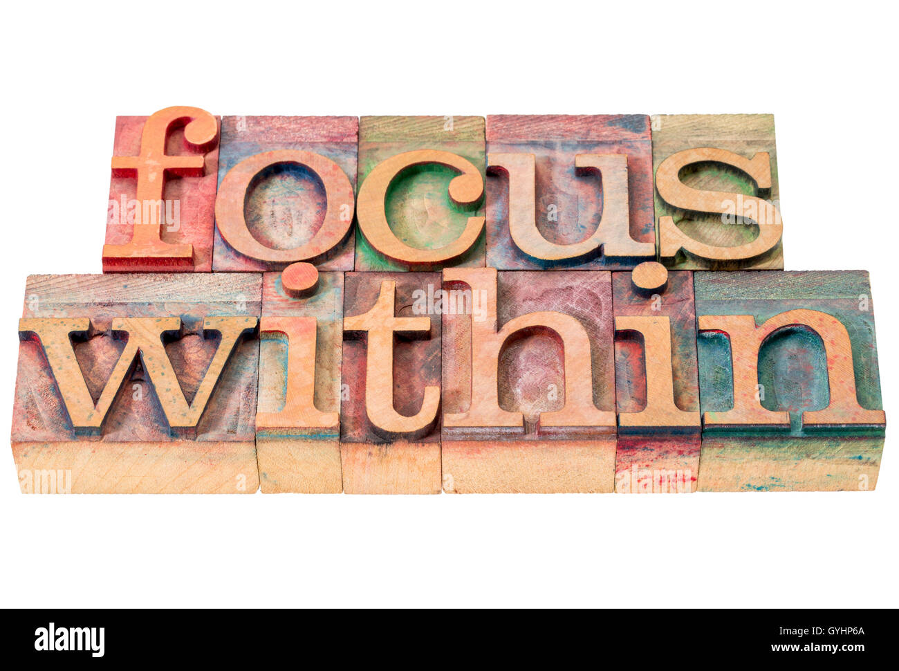 focus within word abstract - isolated text in letterpress wood type ...