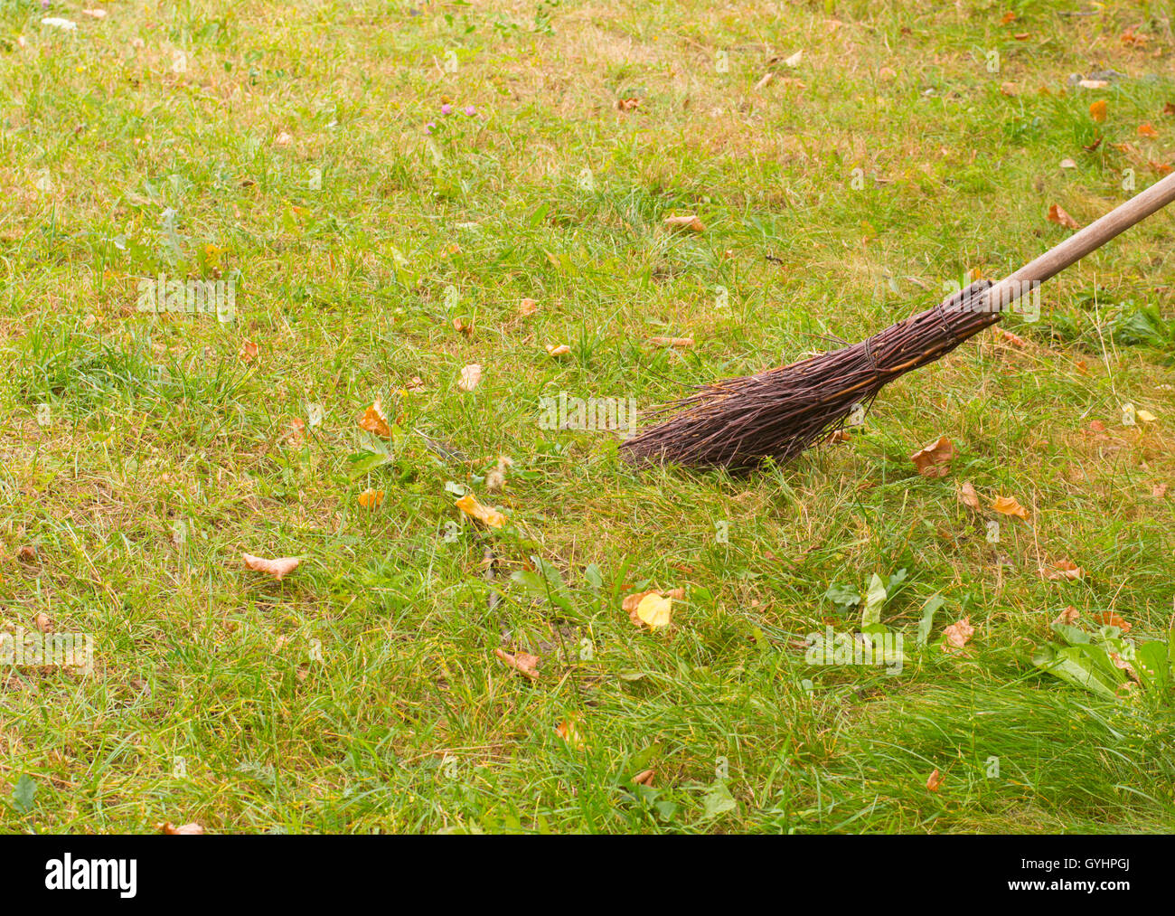 Old Broom on Background of Green Grass and Fall Leaves with Copy Space ...