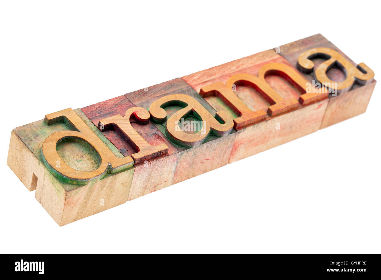 drama word - isolated text in letterpress wood type blocks stained by ...