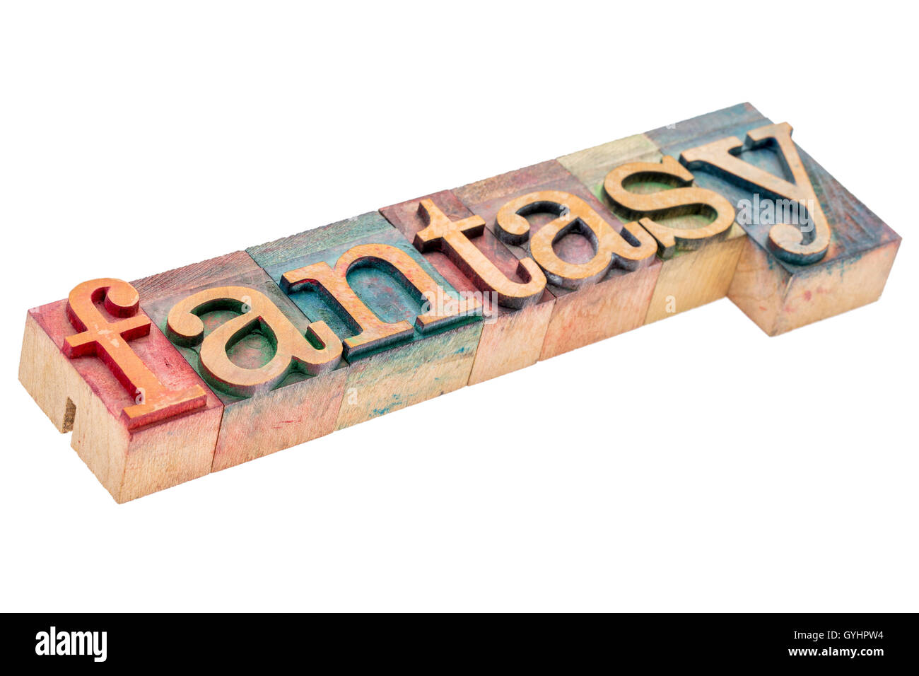 fantasy word - isolated text in letterpress wood type blocks stained by ...