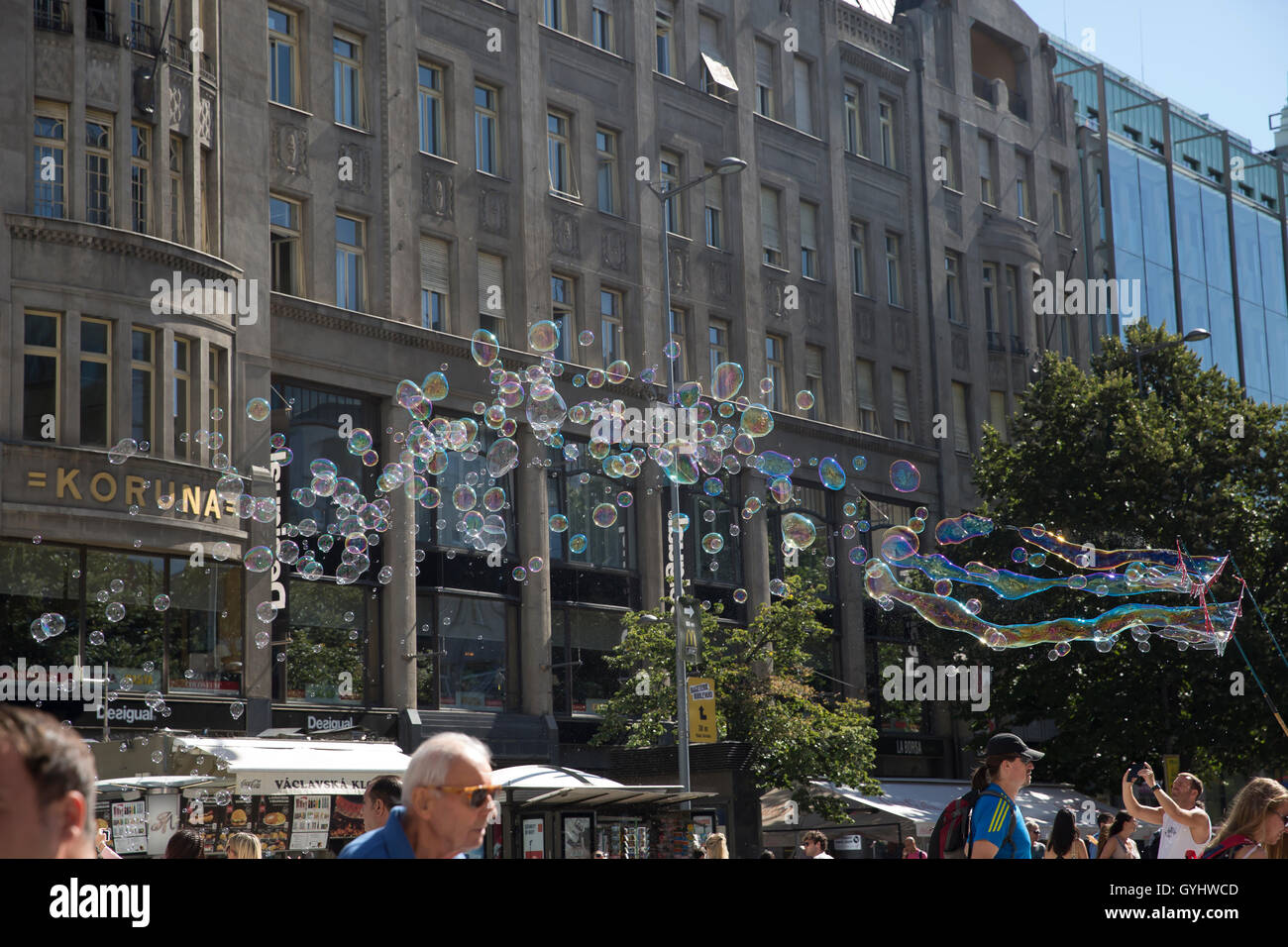 Large bubbles from a bubble machine in Wenceslas Square Prague Stock ...