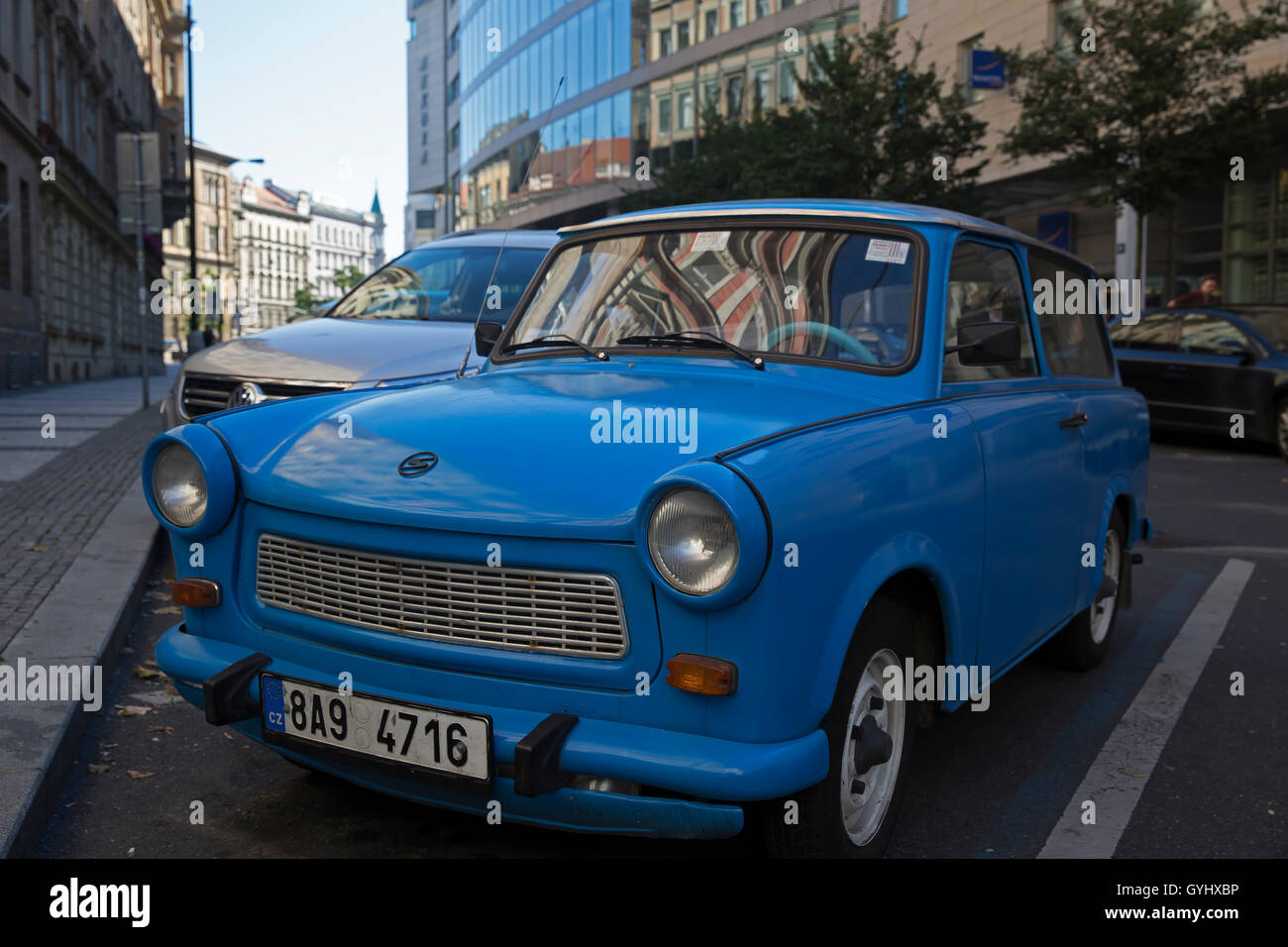 Blue Trabant parked outside the Novotel in Prague Czech Republic Stock ...