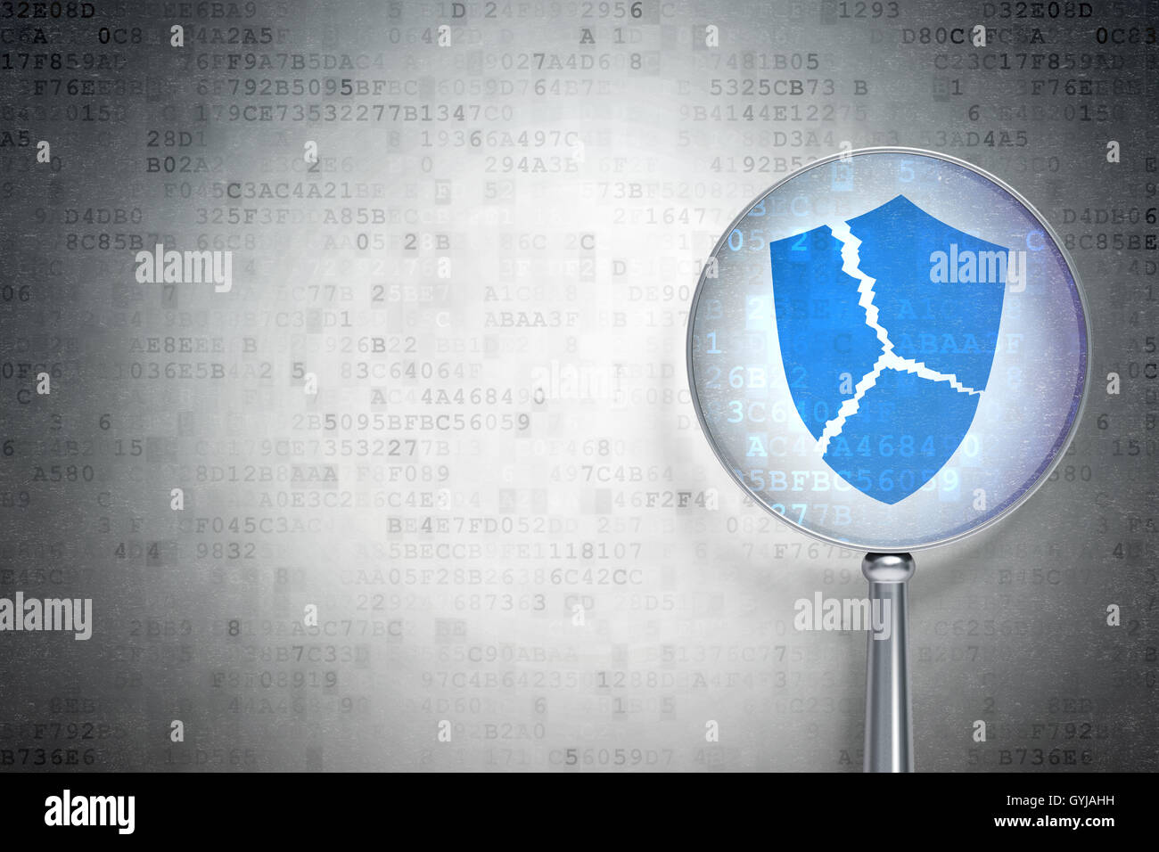 Security concept: Broken Shield with optical glass on digital ...