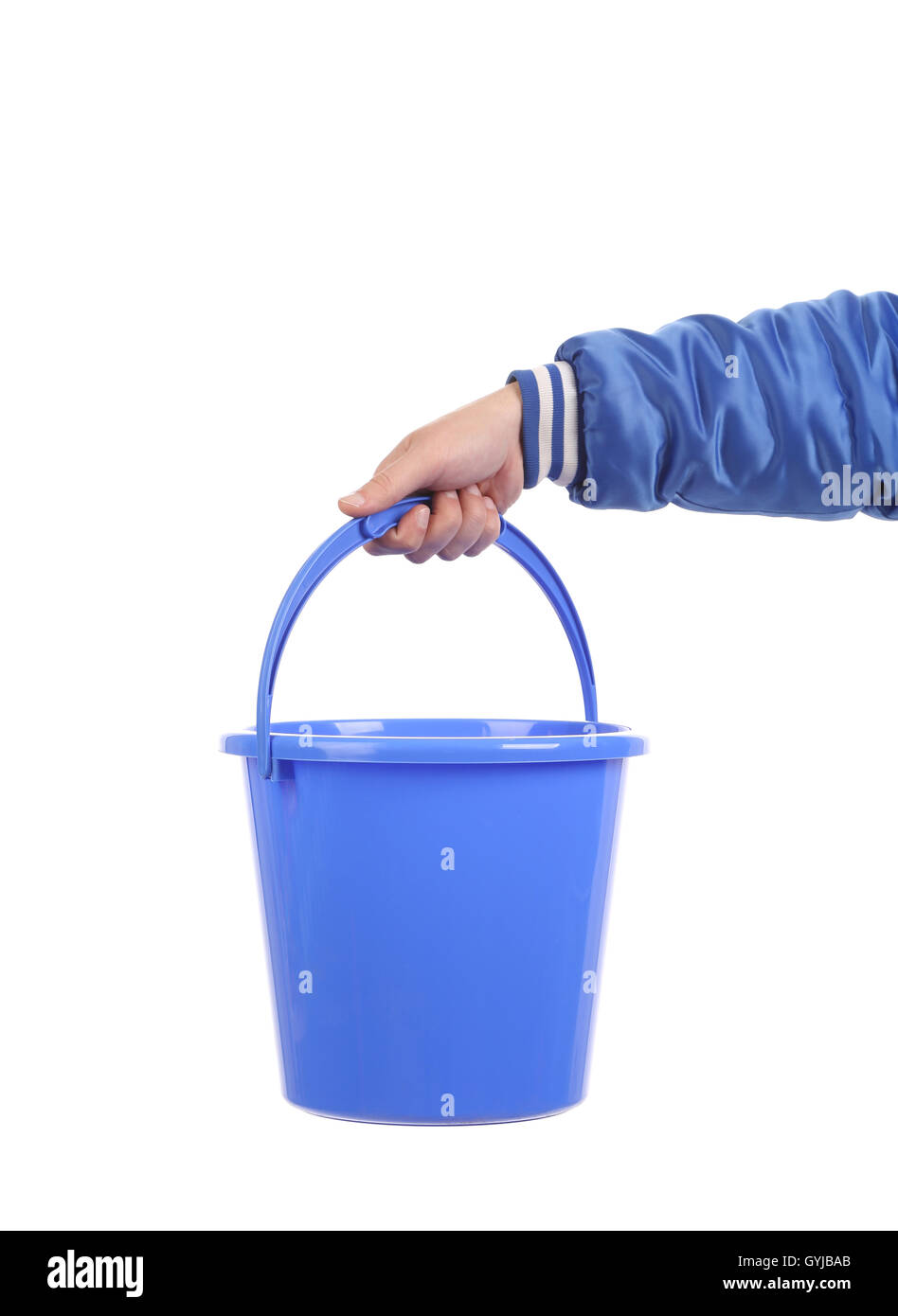 Hand holding blue bucket Stock Photo - Alamy