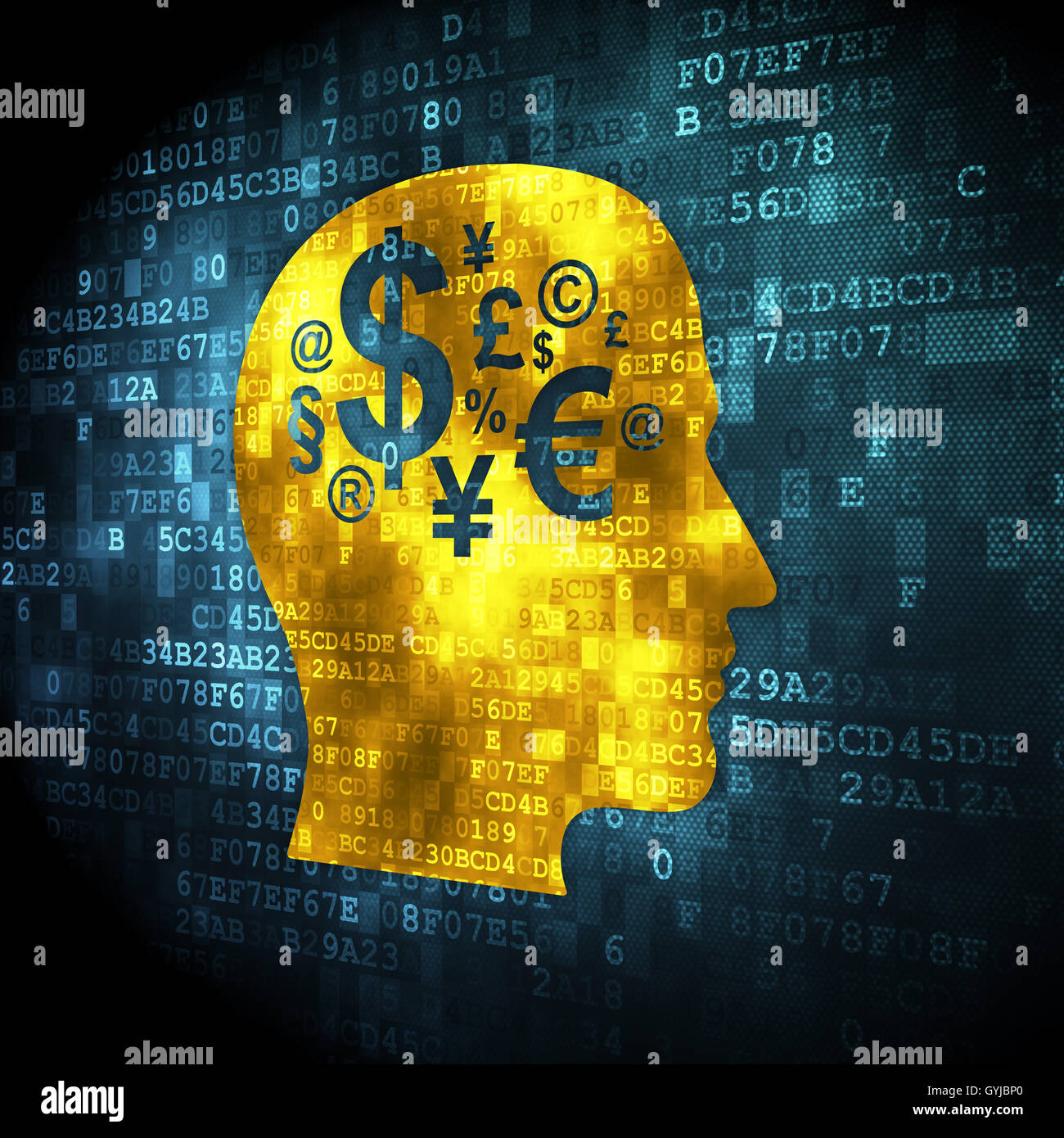 Advertising concept: Head With Finance Symbol on digital background ...