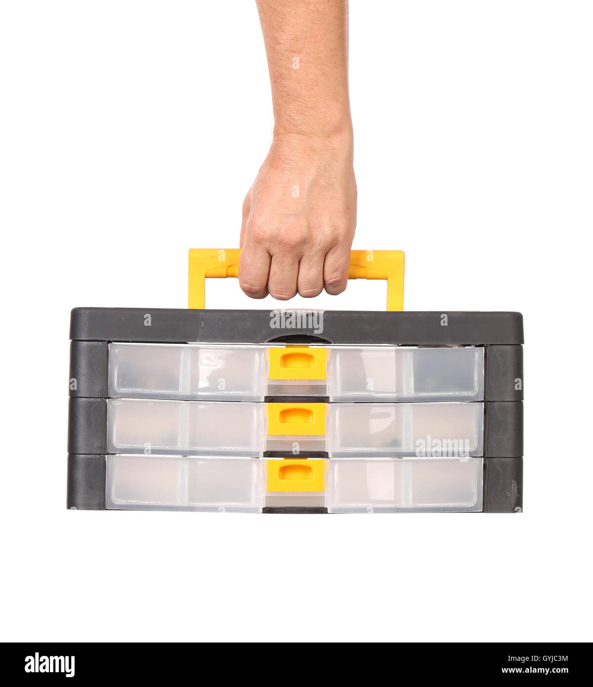 Man hand holding plastic tool box Stock Photo - Alamy