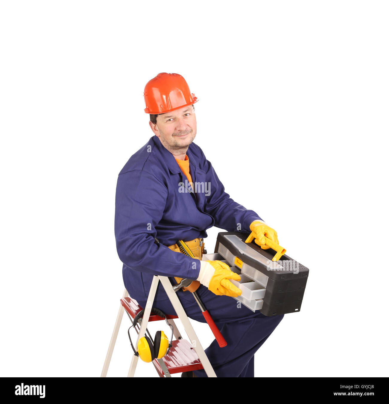 Worker on ladder with hammer and toolbox Stock Photo - Alamy