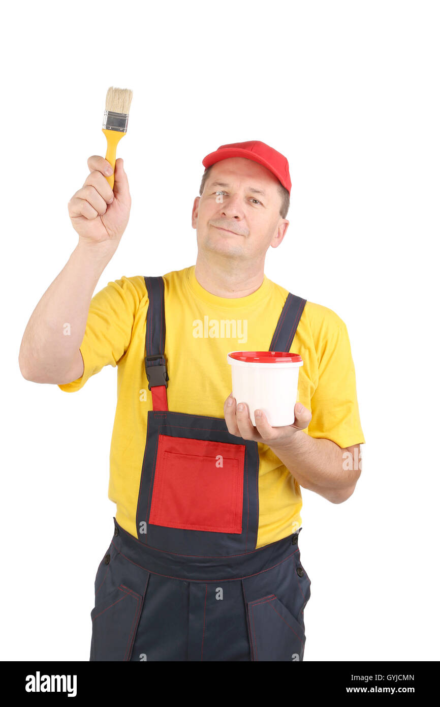 Worker holding bucket and brush Stock Photo - Alamy