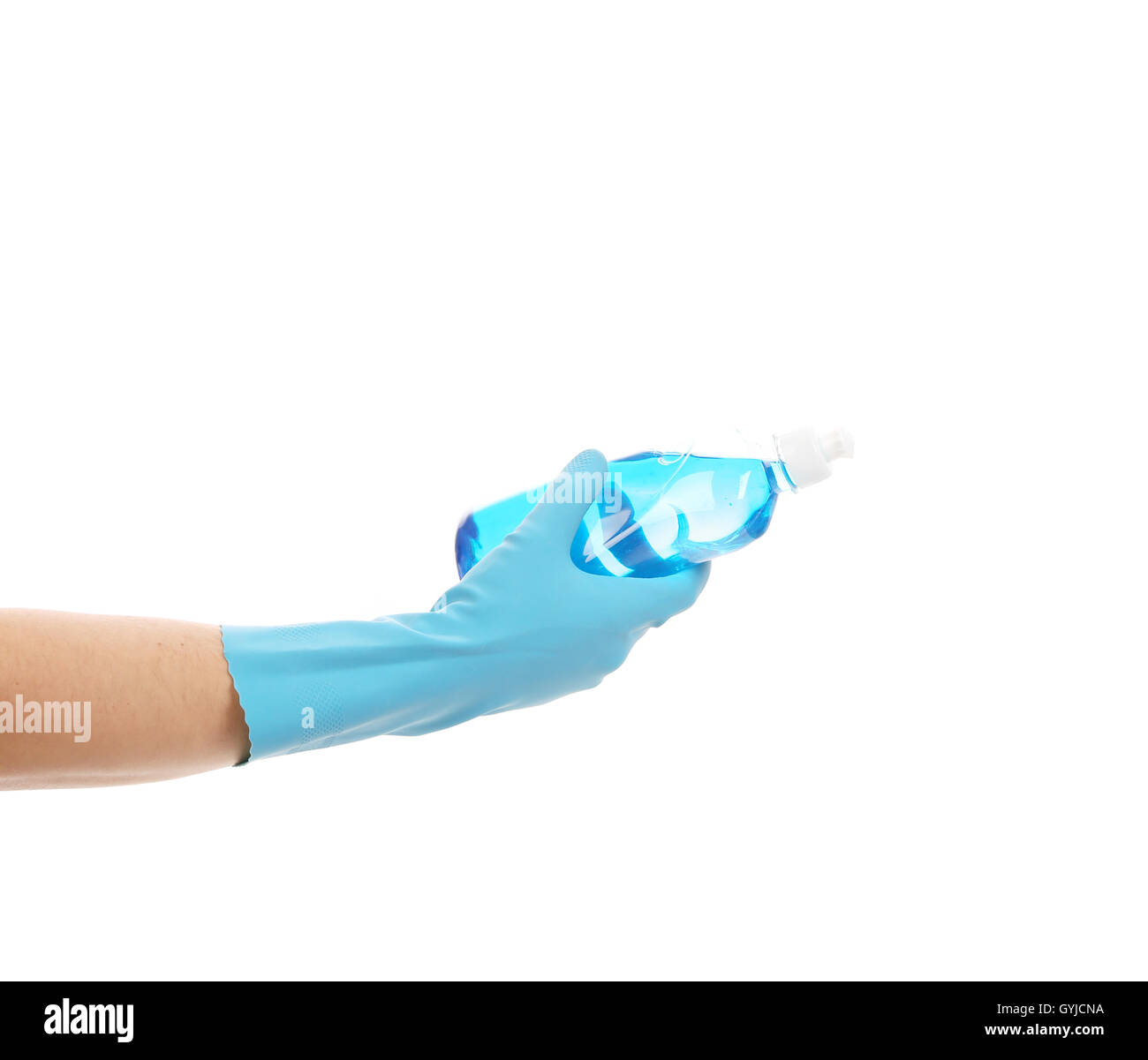 Hand in glove holding blue bottle Stock Photo - Alamy