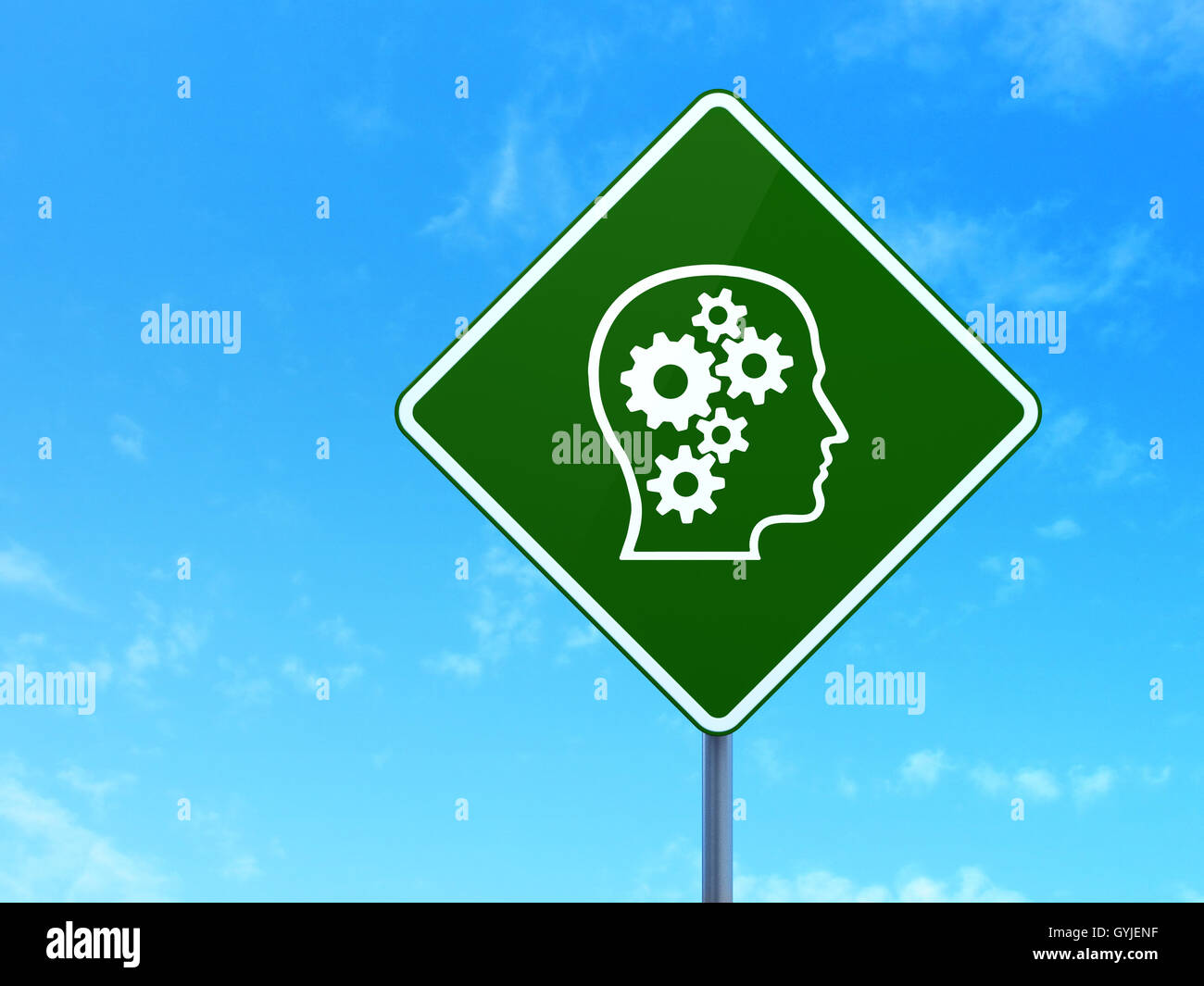 Education concept: Head With Gears on road sign background Stock Photo ...