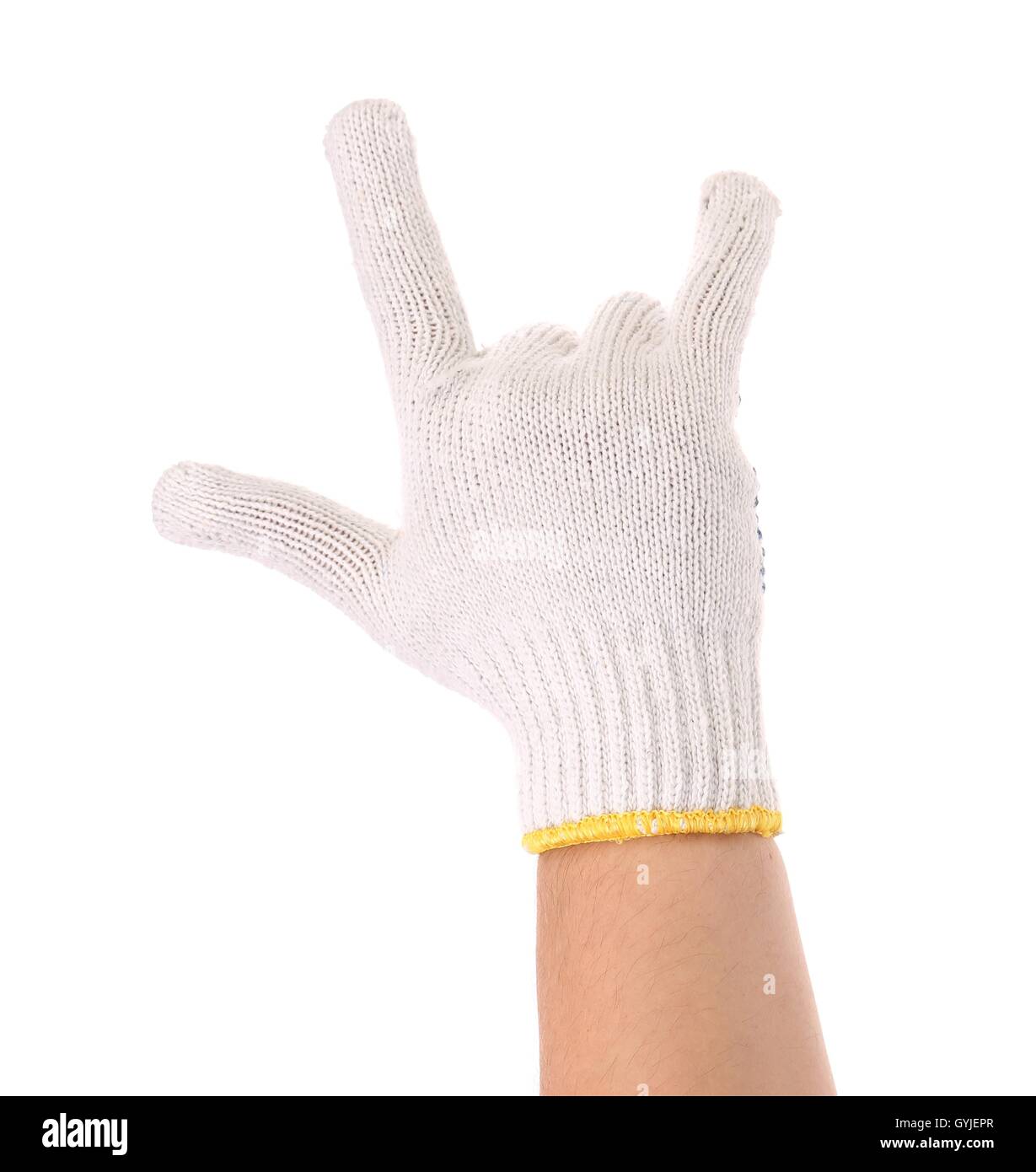 Hand shows rock sign in glove Stock Photo - Alamy