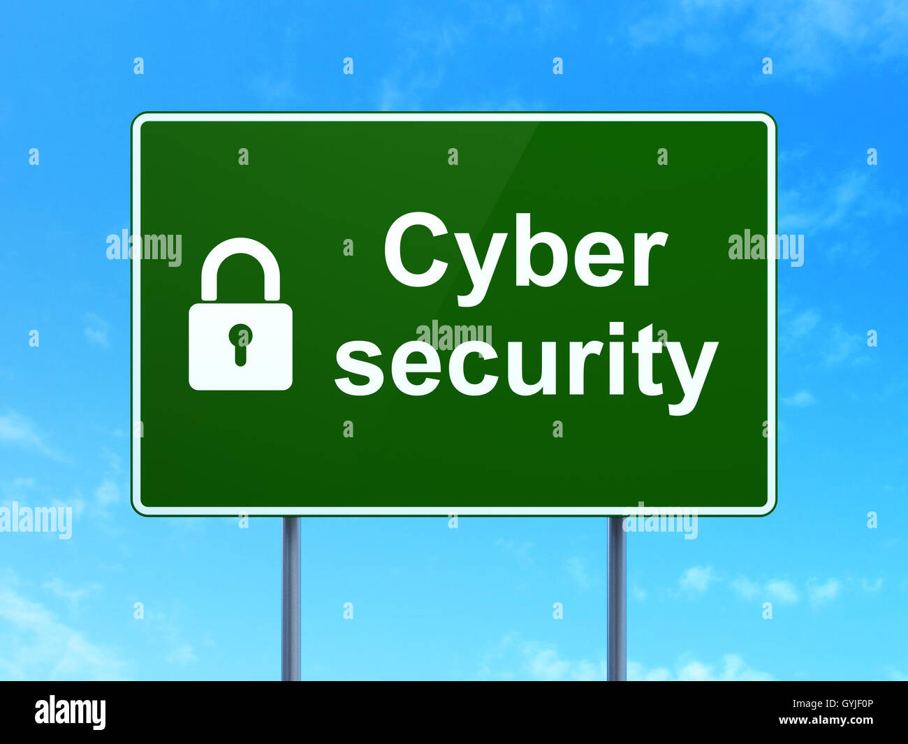 Security concept: Cyber Security and Closed Padlock on road sign ...