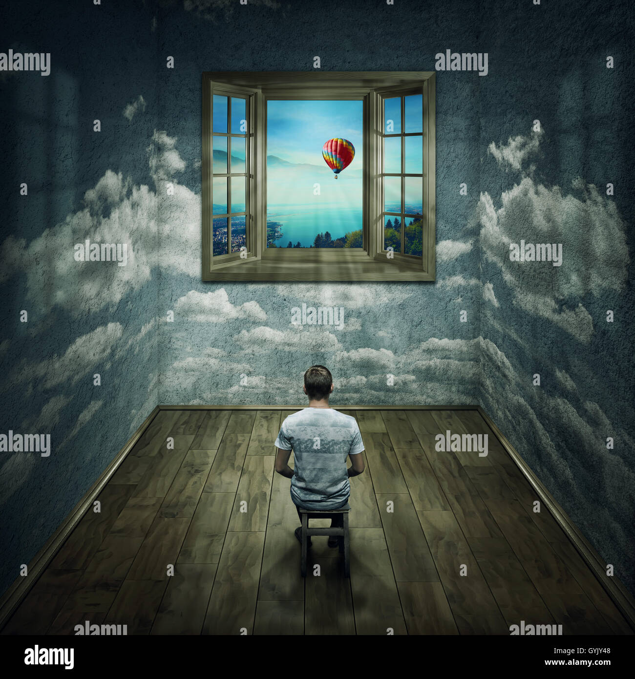 Abstract idea with a person sitting in a cloudy room looking to a ...