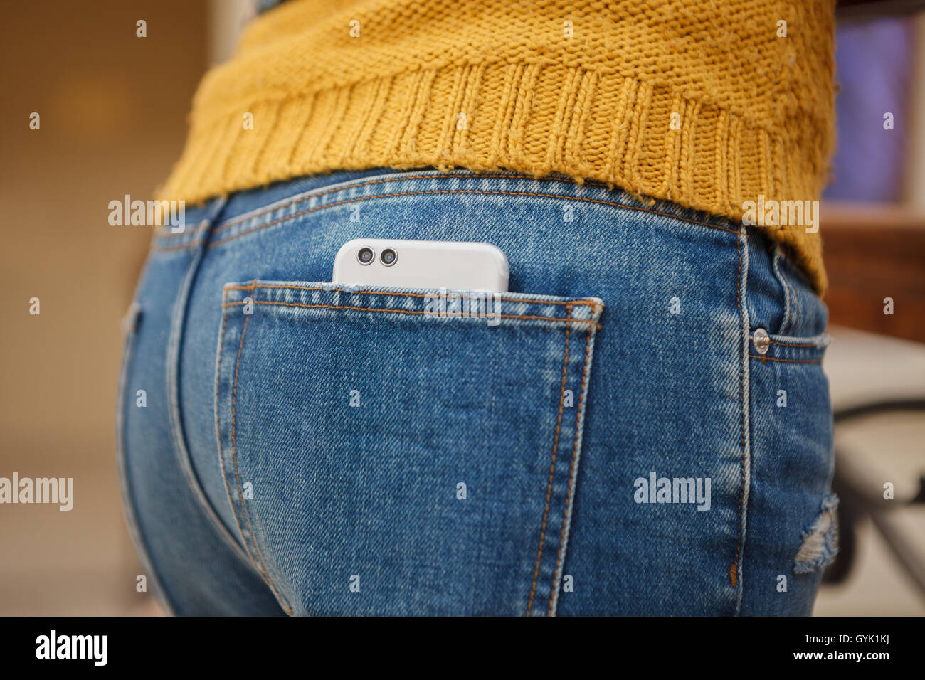 Dual lens camera on back panel of trendy new smart phones model in ...