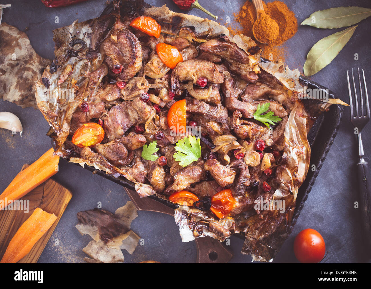 Roasted sliced pork top view Stock Photo - Alamy