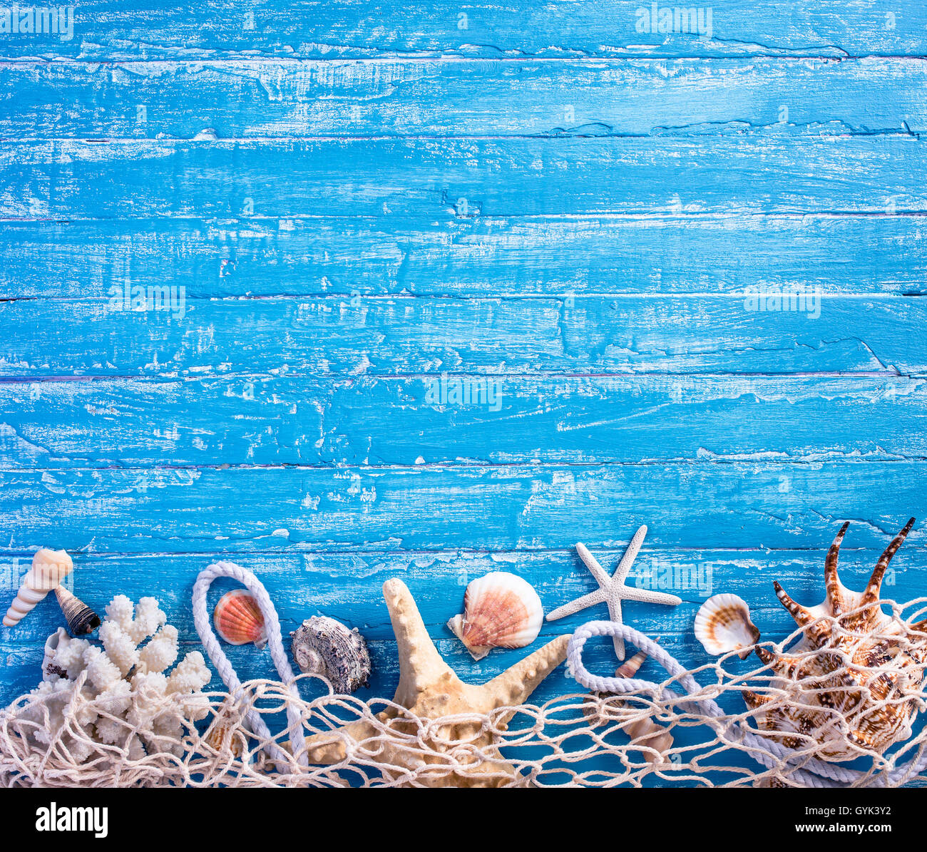 Seashells with fishing net on blue background Stock Photo - Alamy