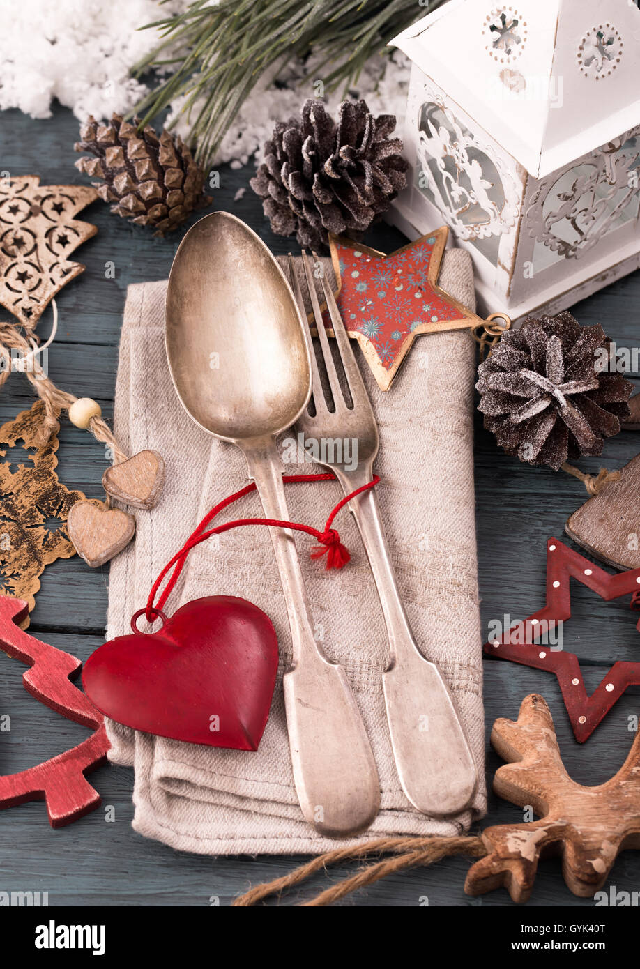 Silverware and christmas decorations Stock Photo - Alamy