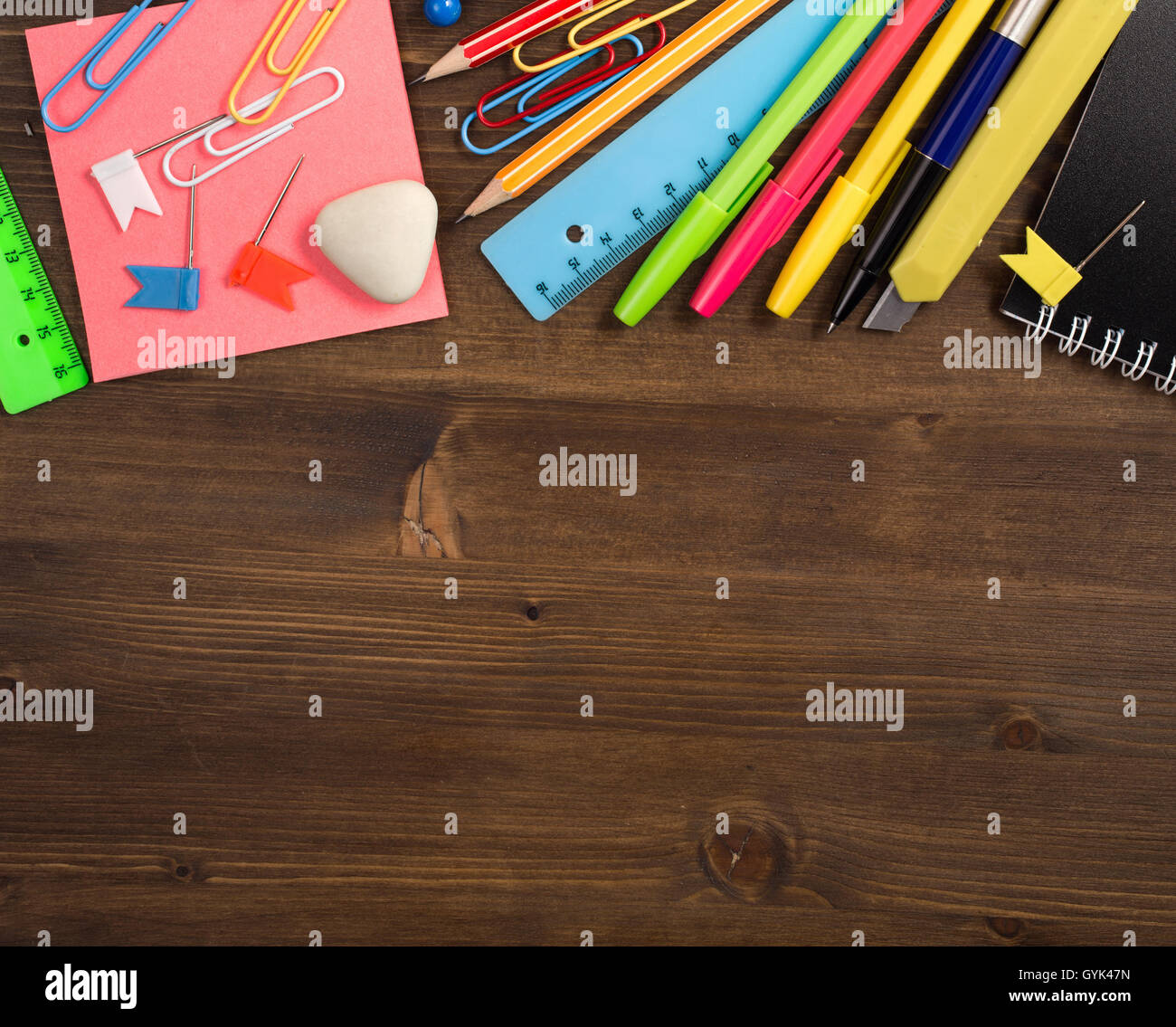 Stationery at top of table top view Stock Photo - Alamy