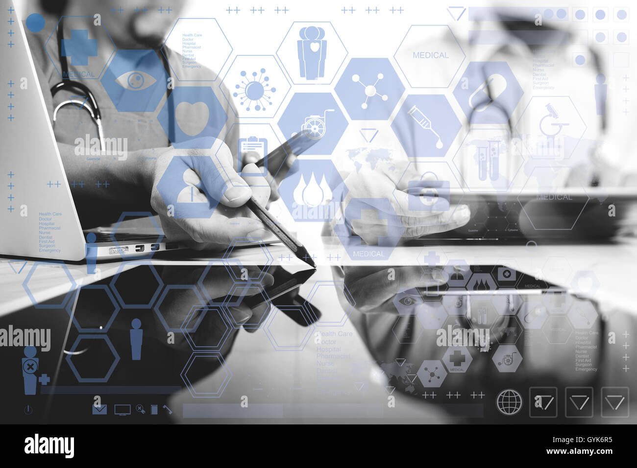 Medical technology network team concept. Doctor hand working with smart ...