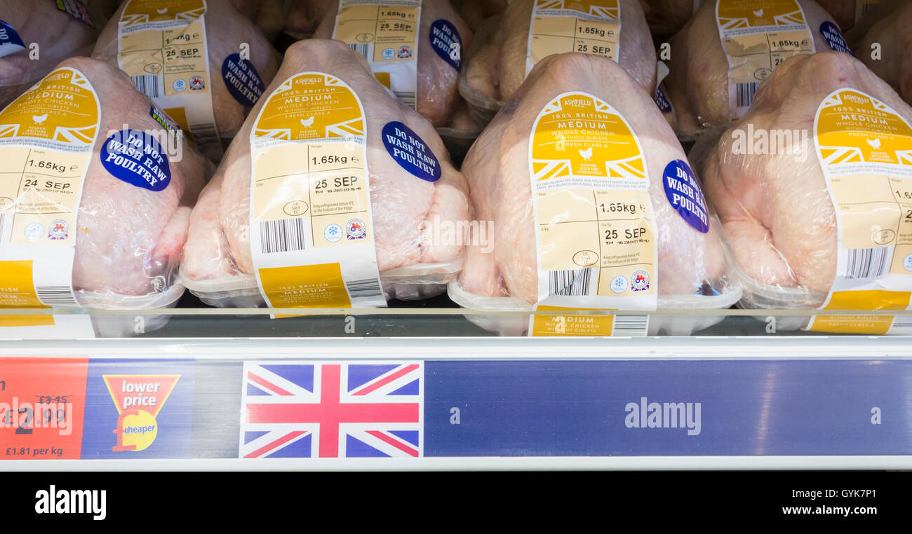Fresh chickens with do not wash raw poultry stickers in Aldi ...