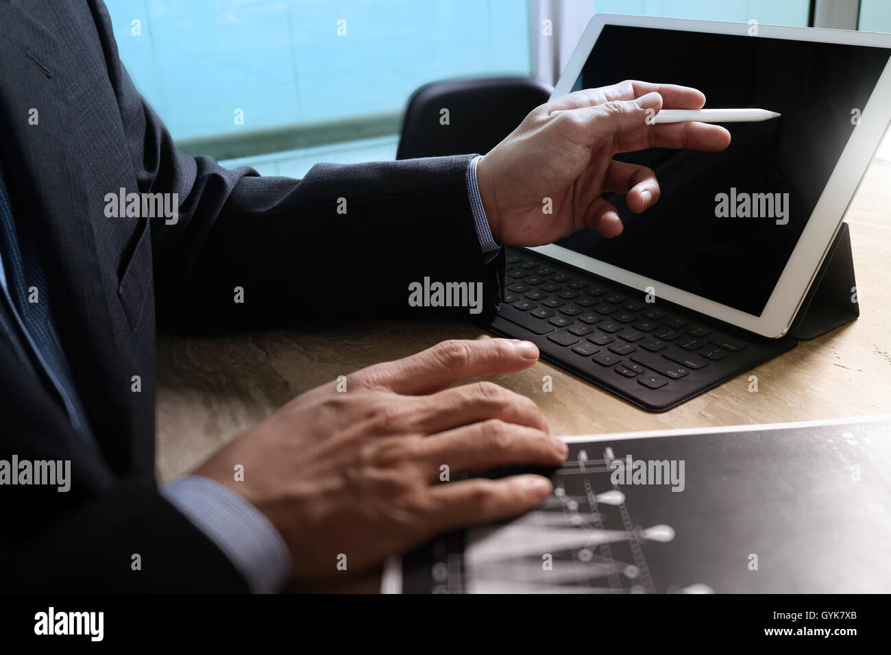 Businessman hand working concept. Documents finance graphic chart ...