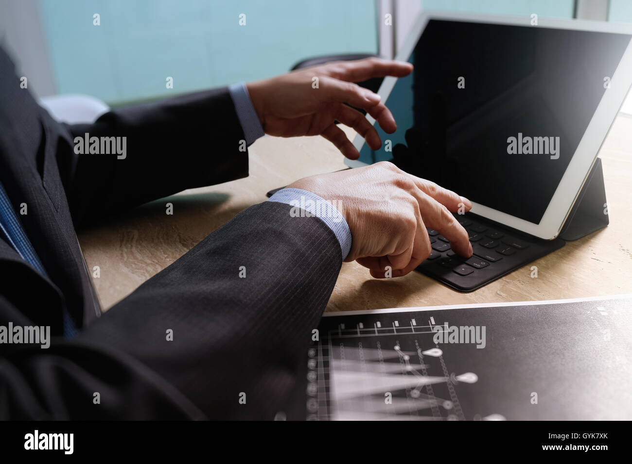 Businessman hand working concept. Documents finance graphic chart ...