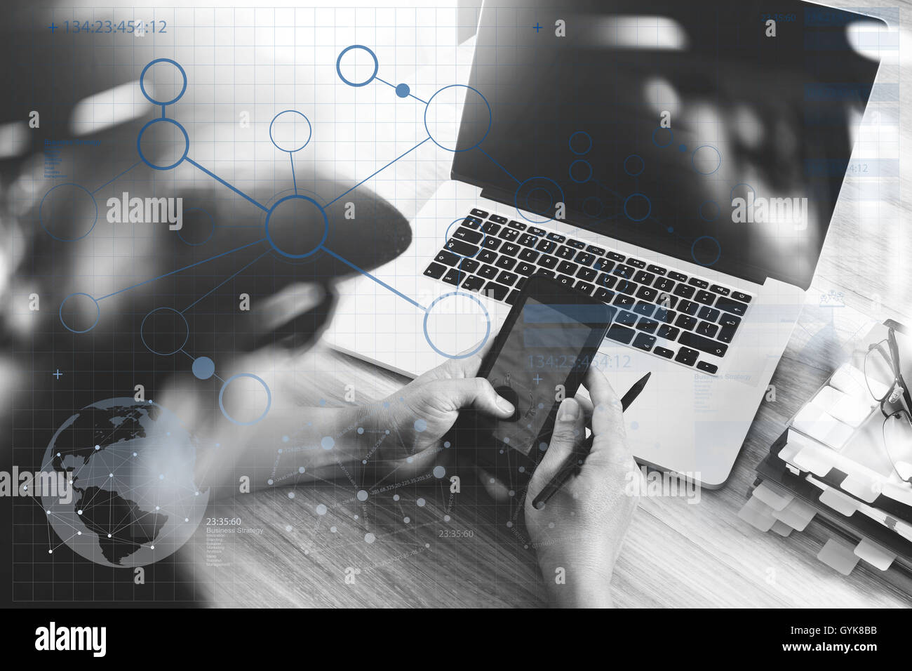 business man hand working on blank screen laptop computer and digital ...