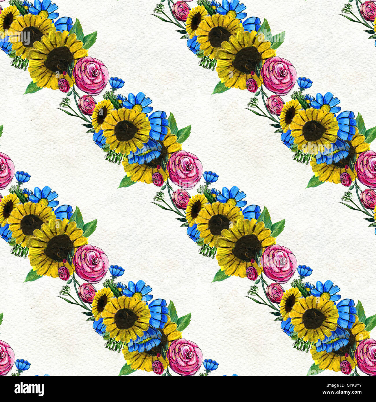Seamless pattern with blue yellow and pink flowers Stock Photo - Alamy