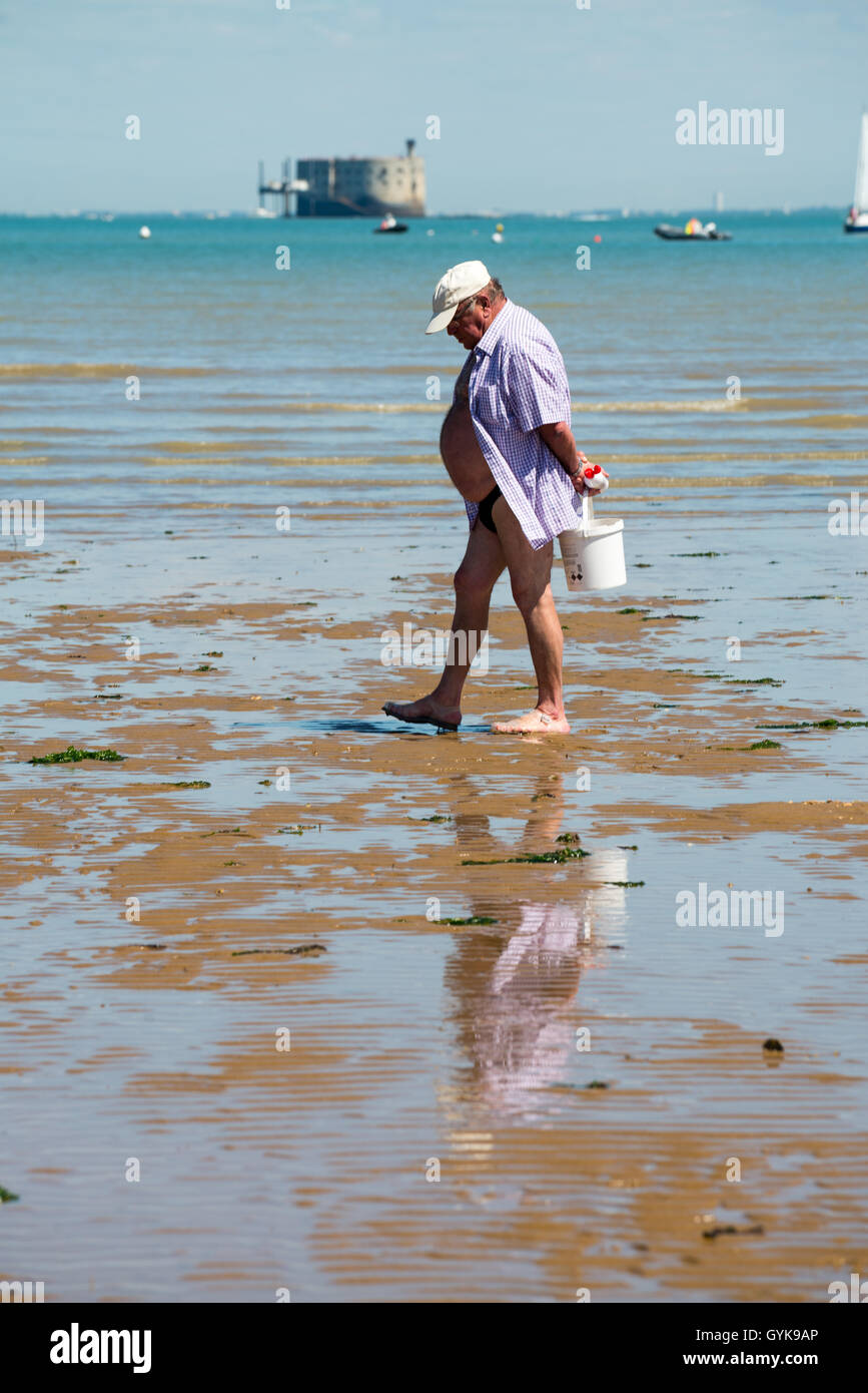 Cockle pickers on the beach, Fort Boyard at La Boyardville on ile d ...