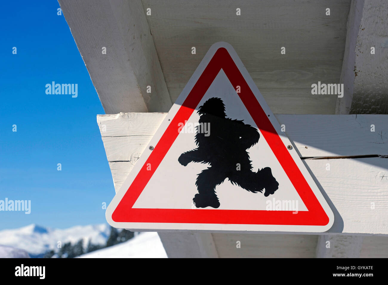 sign warning against the yeti, France, Savoie, La Plagne Stock Photo ...