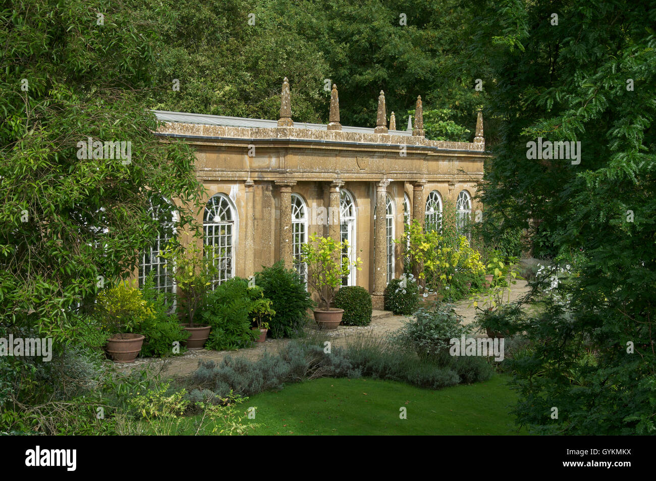 Architecture. An orangery in the Italianate gardens of Mapperton. A ...