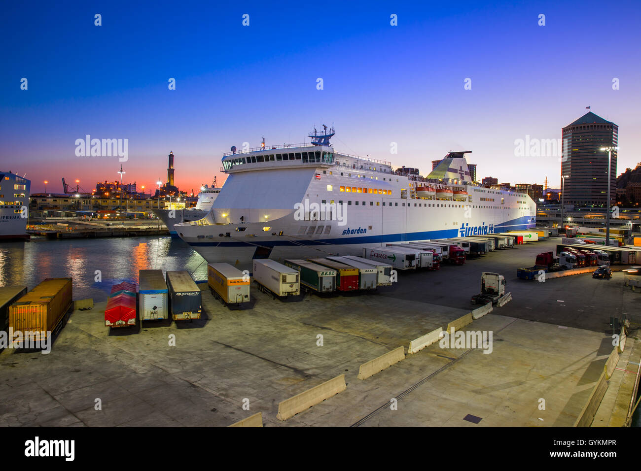 Tirrenia Ferry terminal in the harbour of Genoa. Genoa is one of Europe ...