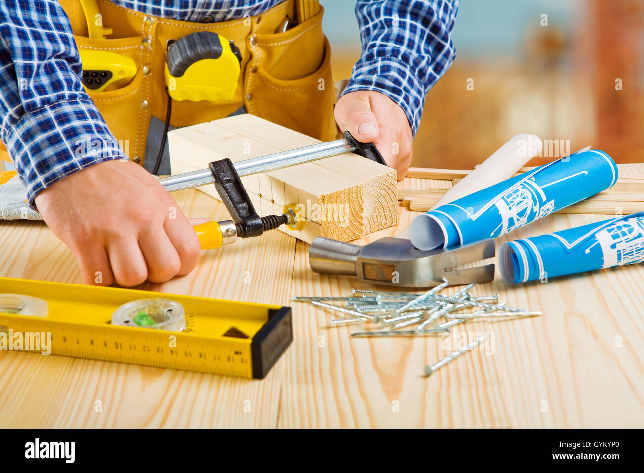 hands of carpenter do fixing of wooden planks Stock Photo - Alamy