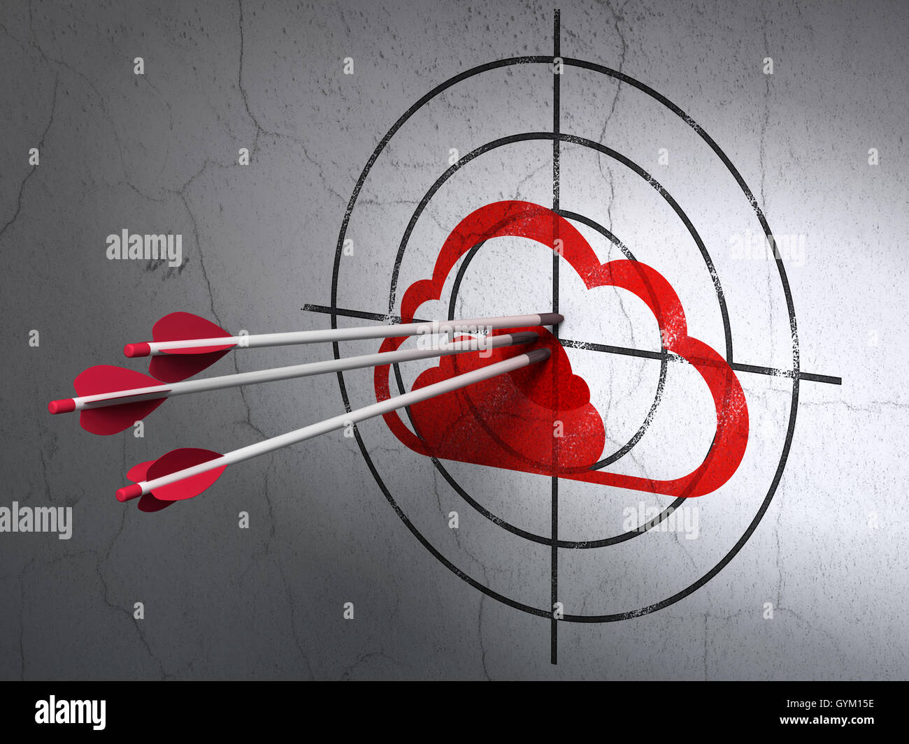 Cloud computing concept: arrows in Cloud target on wall background ...