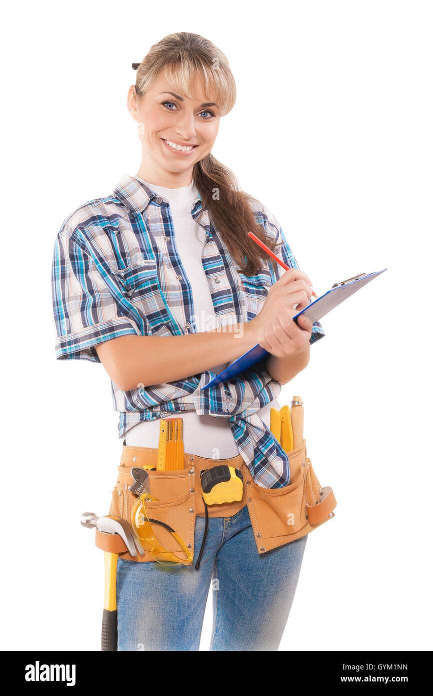 a female worker writing in clipboard isolated Stock Photo - Alamy
