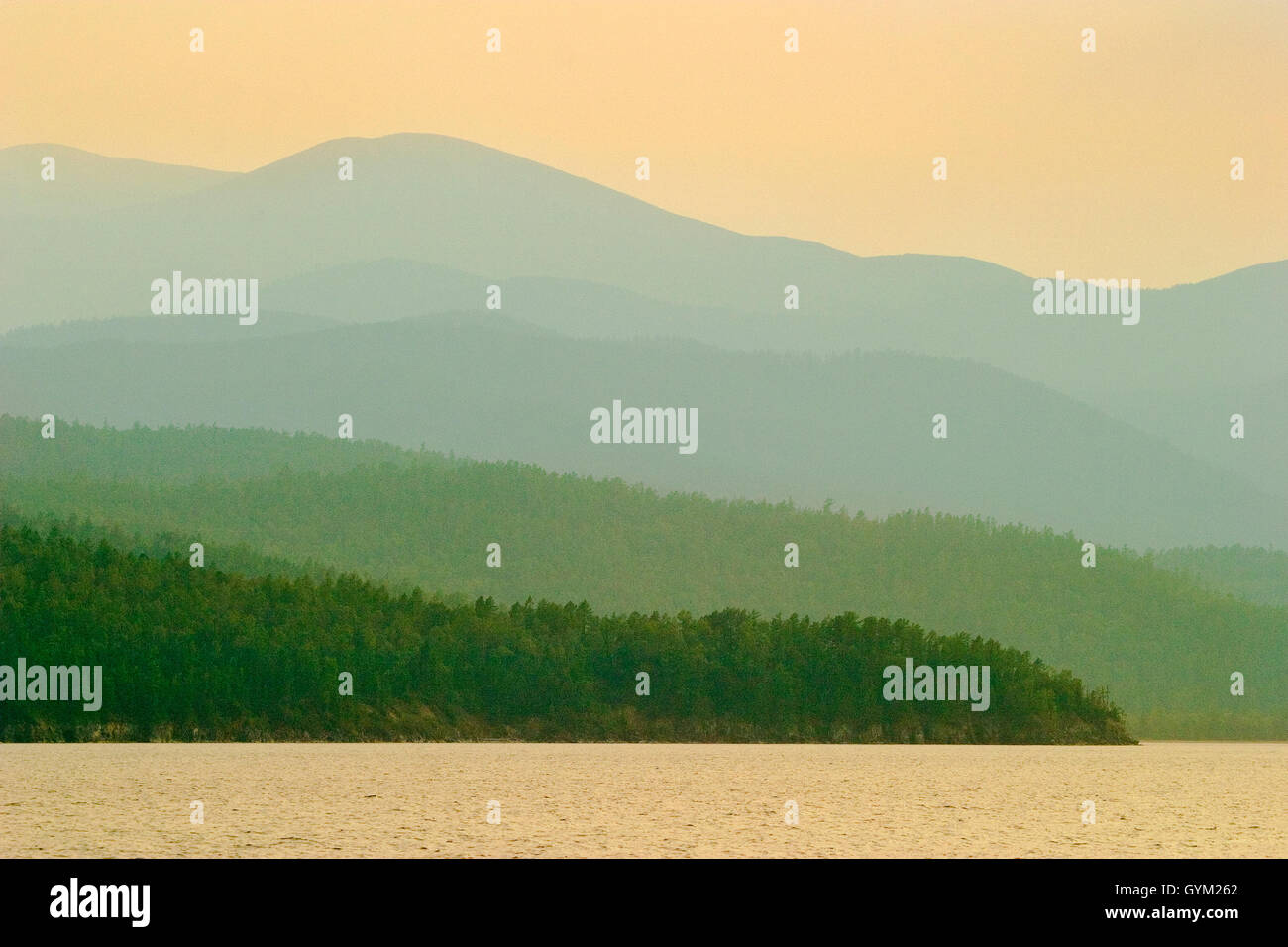 Smoke from distant forest fires creates hazy colors. Zabaikalski ...