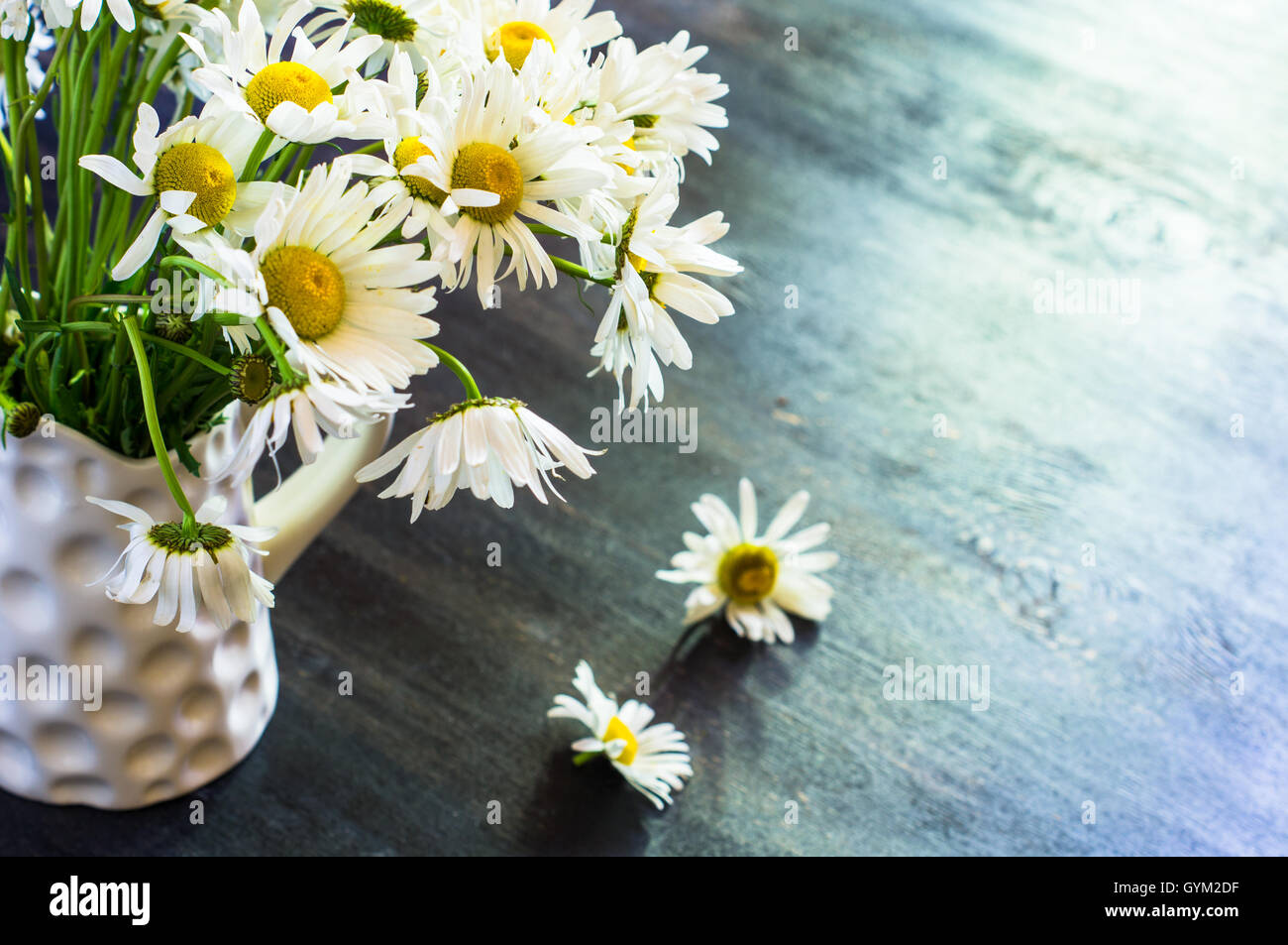 White wild daisy flowers in a vase on the old table, rustic interior ...