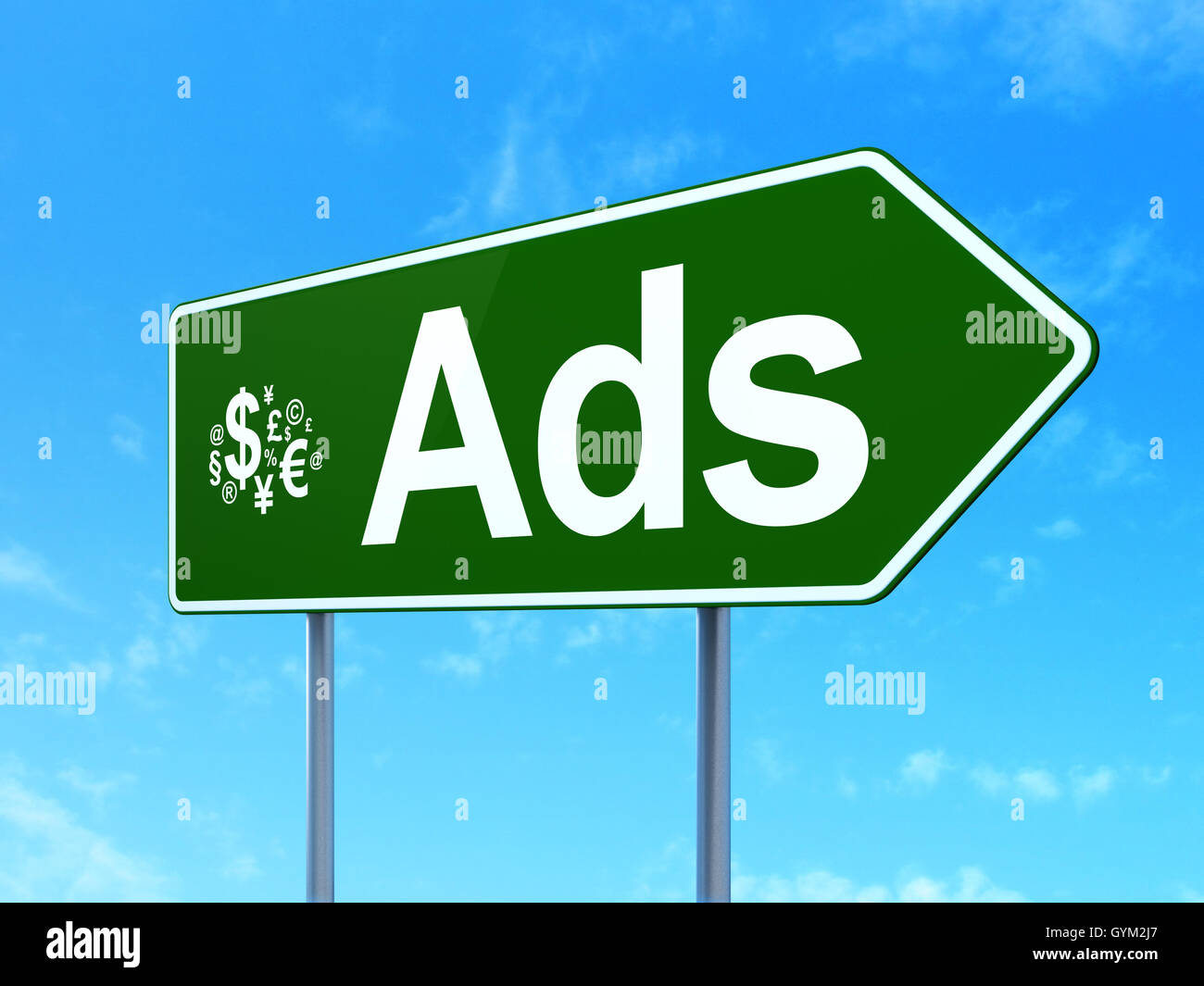 Advertising concept: Ads and Finance Symbol on road sign background ...