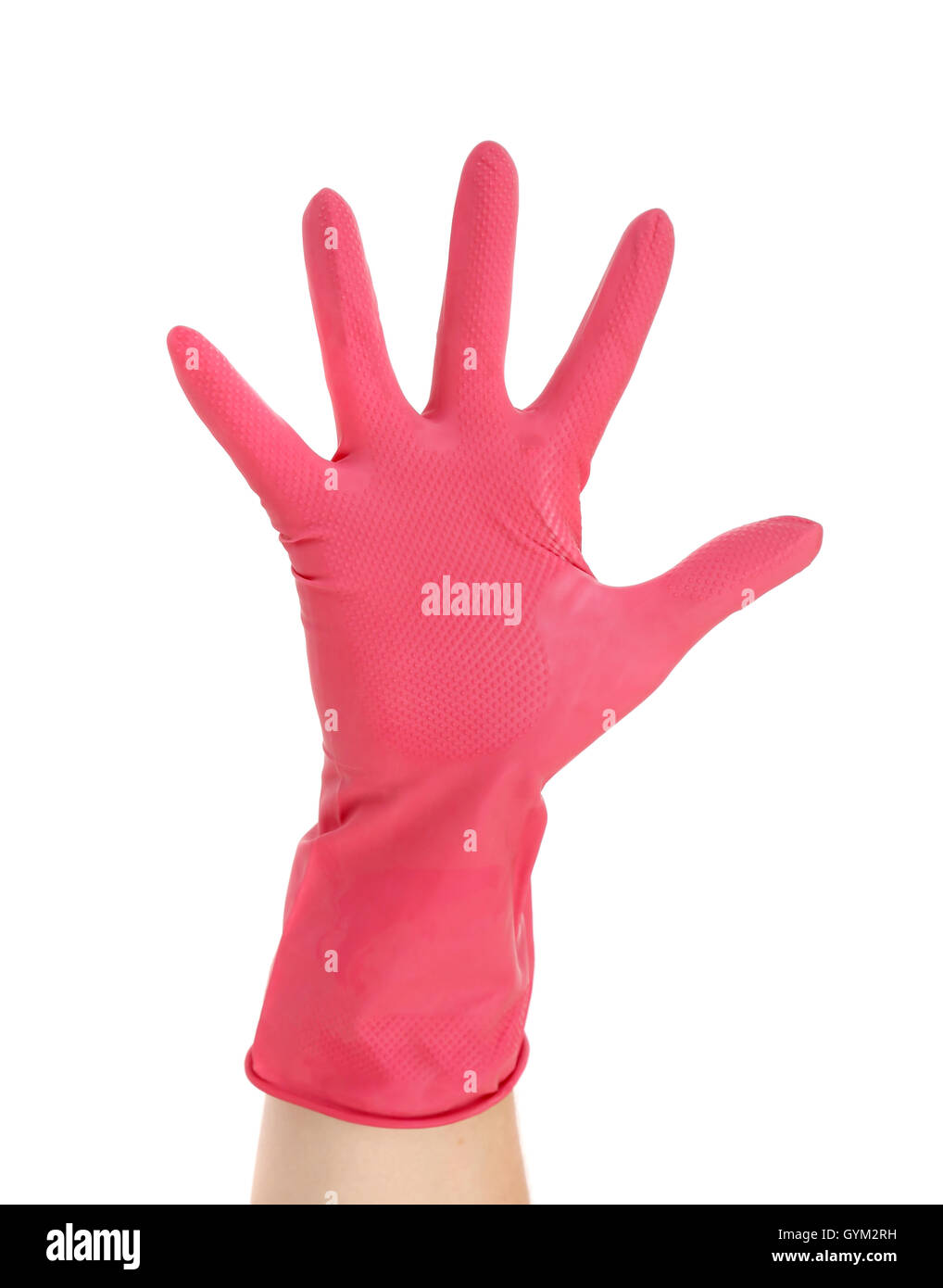 Hand shows five in red rubber glove Stock Photo - Alamy