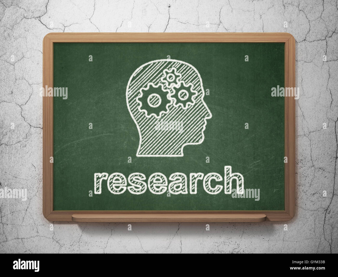 Marketing concept: Head With Gears and Research on chalkboard ...