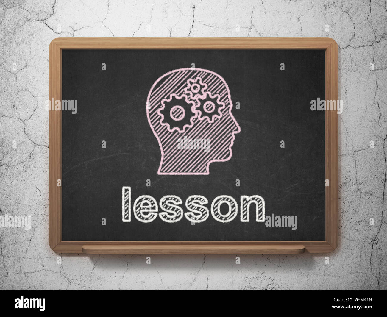 Education concept: Head With Gears and Lesson on chalkboard background ...