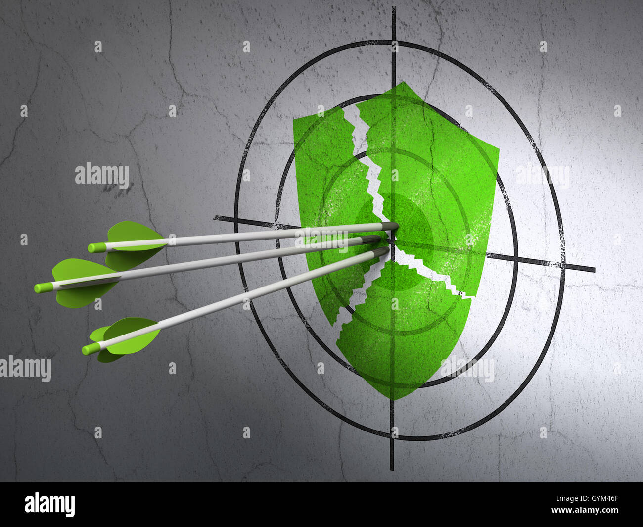 Safety concept: arrows in Broken Shield target on wall background Stock ...
