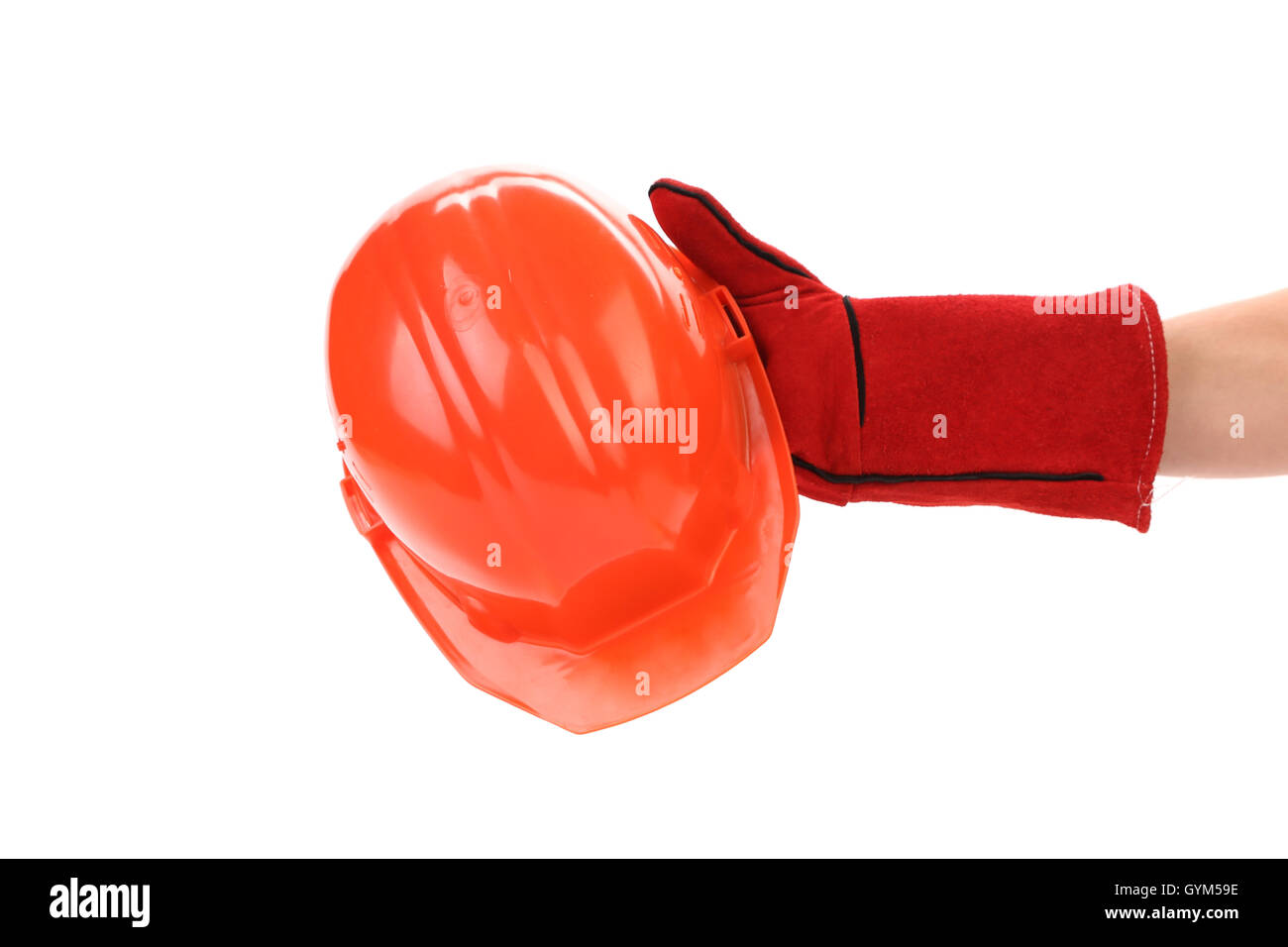 Hand in leather gloves holds hard hat Stock Photo - Alamy