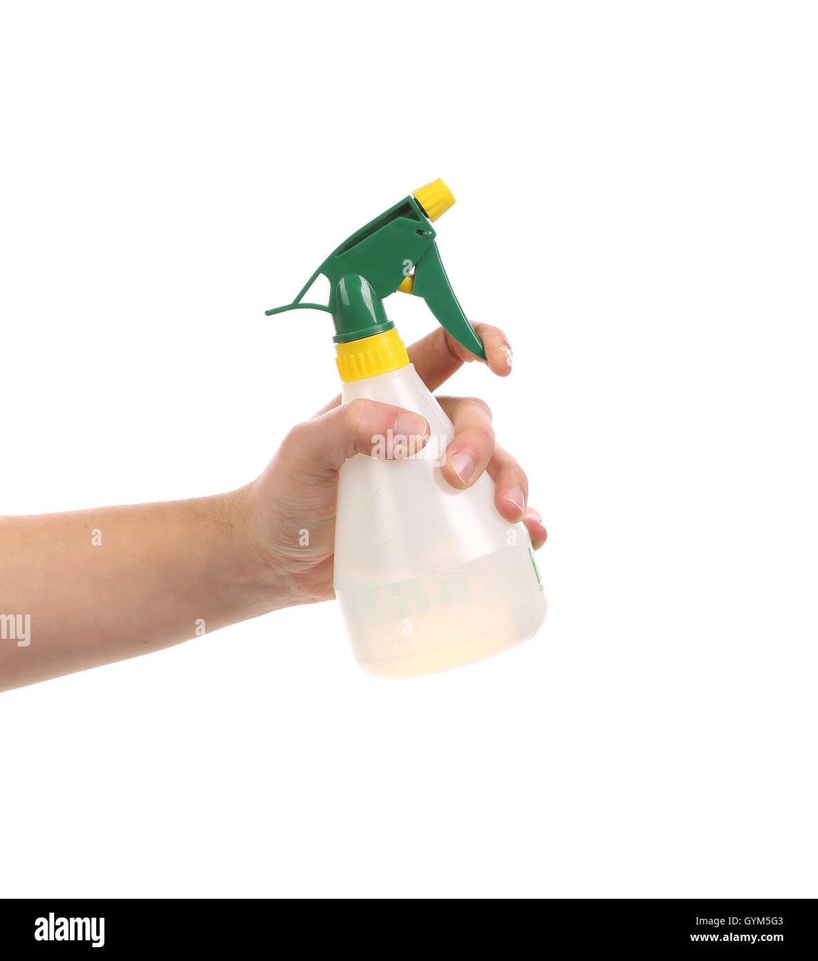 Hand holding white plastic spray bottle Stock Photo - Alamy