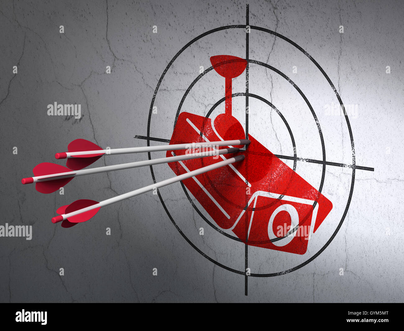 Protection concept: arrows in Cctv Camera target on wall background ...