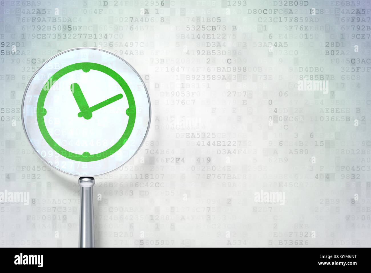 Timeline concept: Clock with optical glass on digital background Stock ...