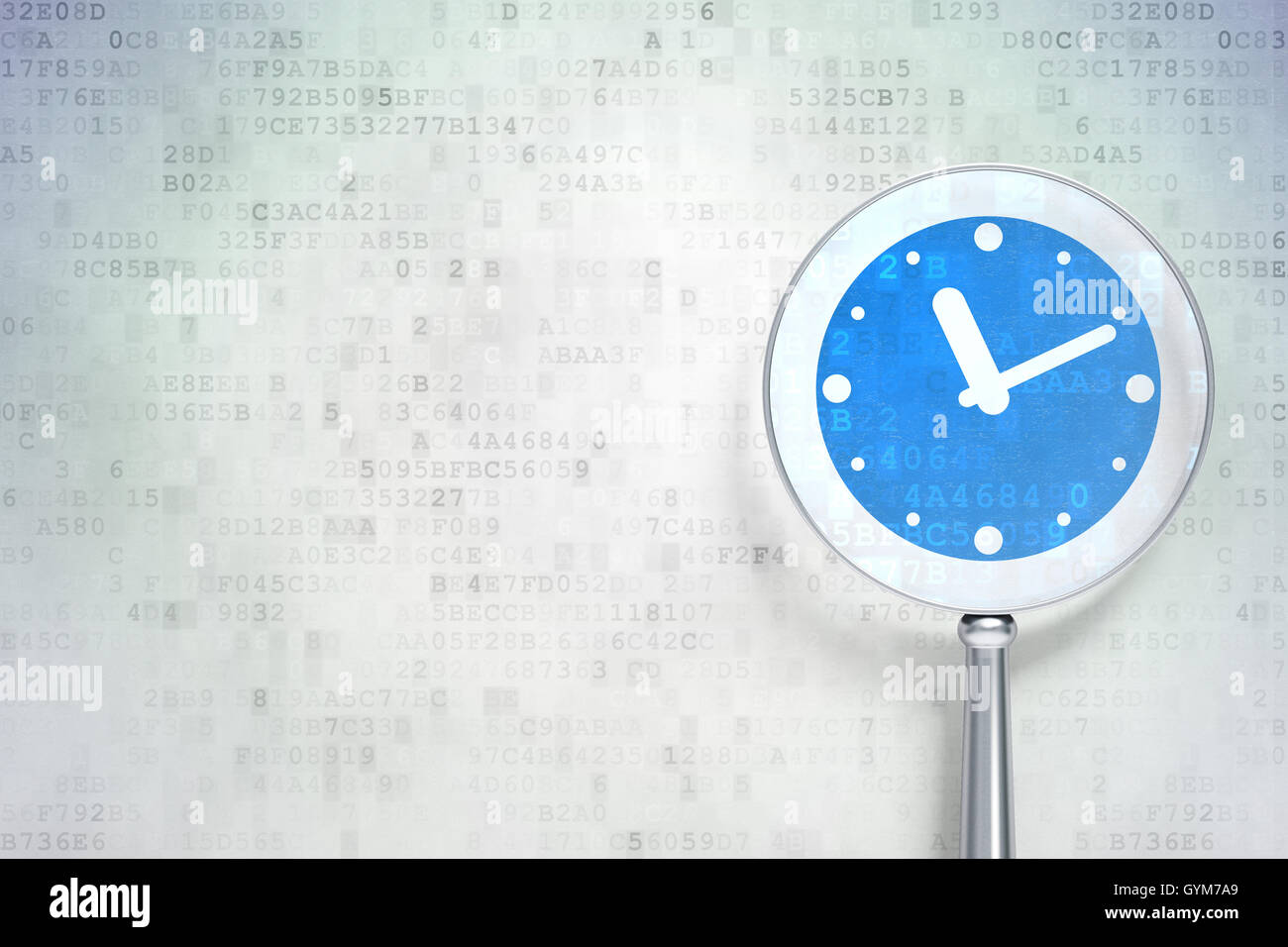 Timeline concept: Clock with optical glass on digital background Stock ...