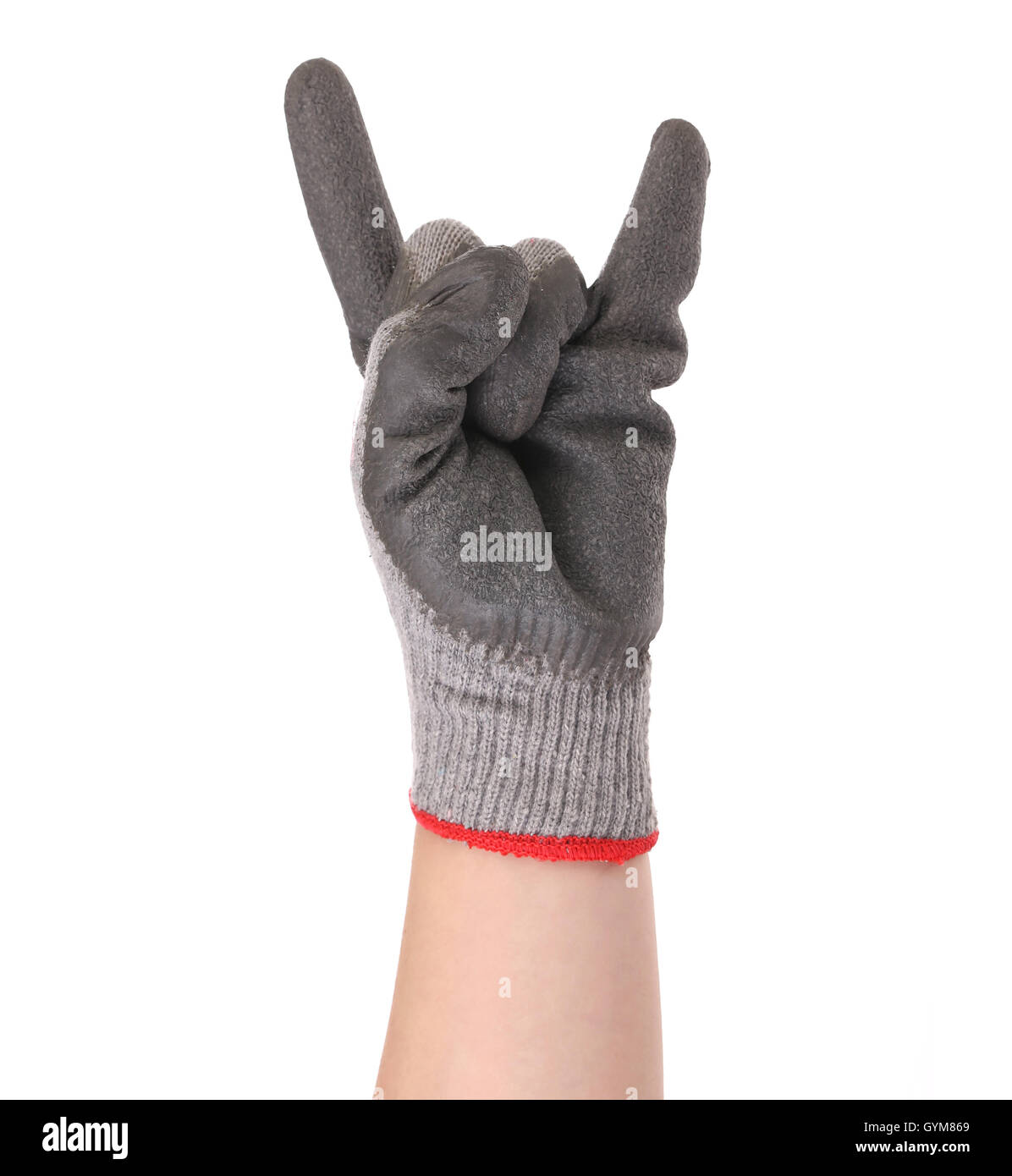 Hand shows rock sign in rubber glove Stock Photo - Alamy