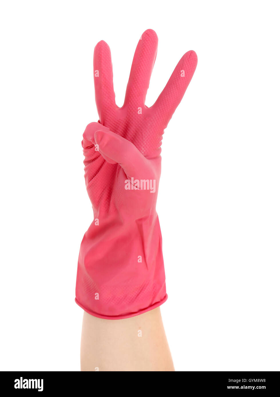 Hand shows three in red rubber glove Stock Photo - Alamy
