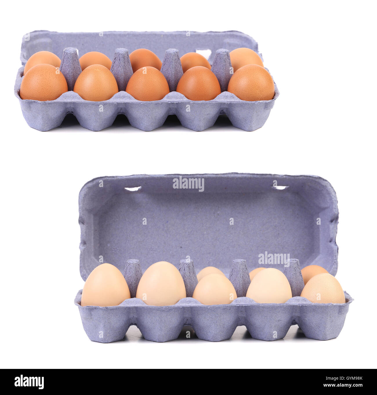White and yellow eggs in blue egg boxes Stock Photo - Alamy